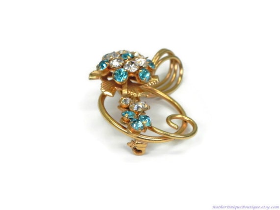 Vintage Flower Brooch Pin with Teal Blue and Clear Rh… - Gem