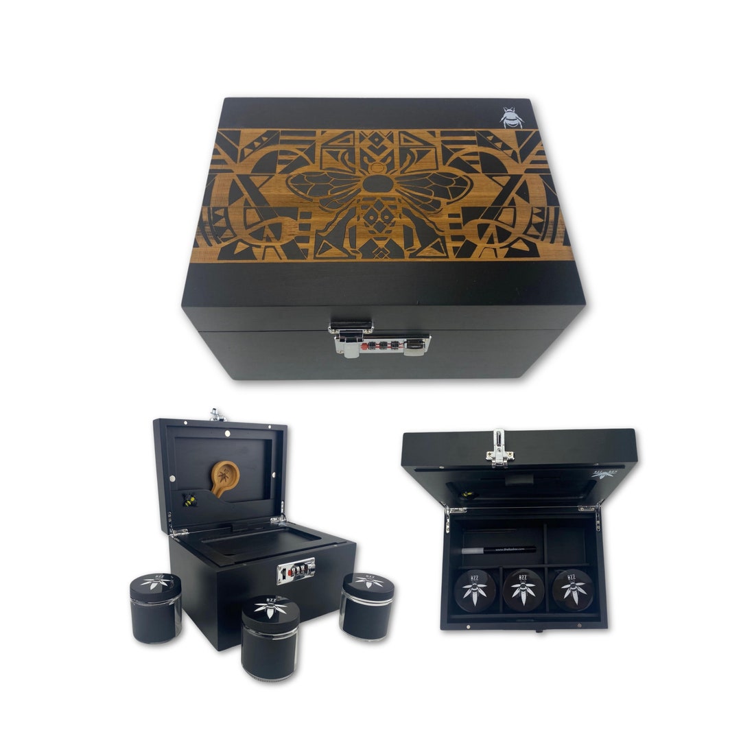 Large Bzz Box stash Box, Bamboo, Black With Bzz Band Design, Rolling ...