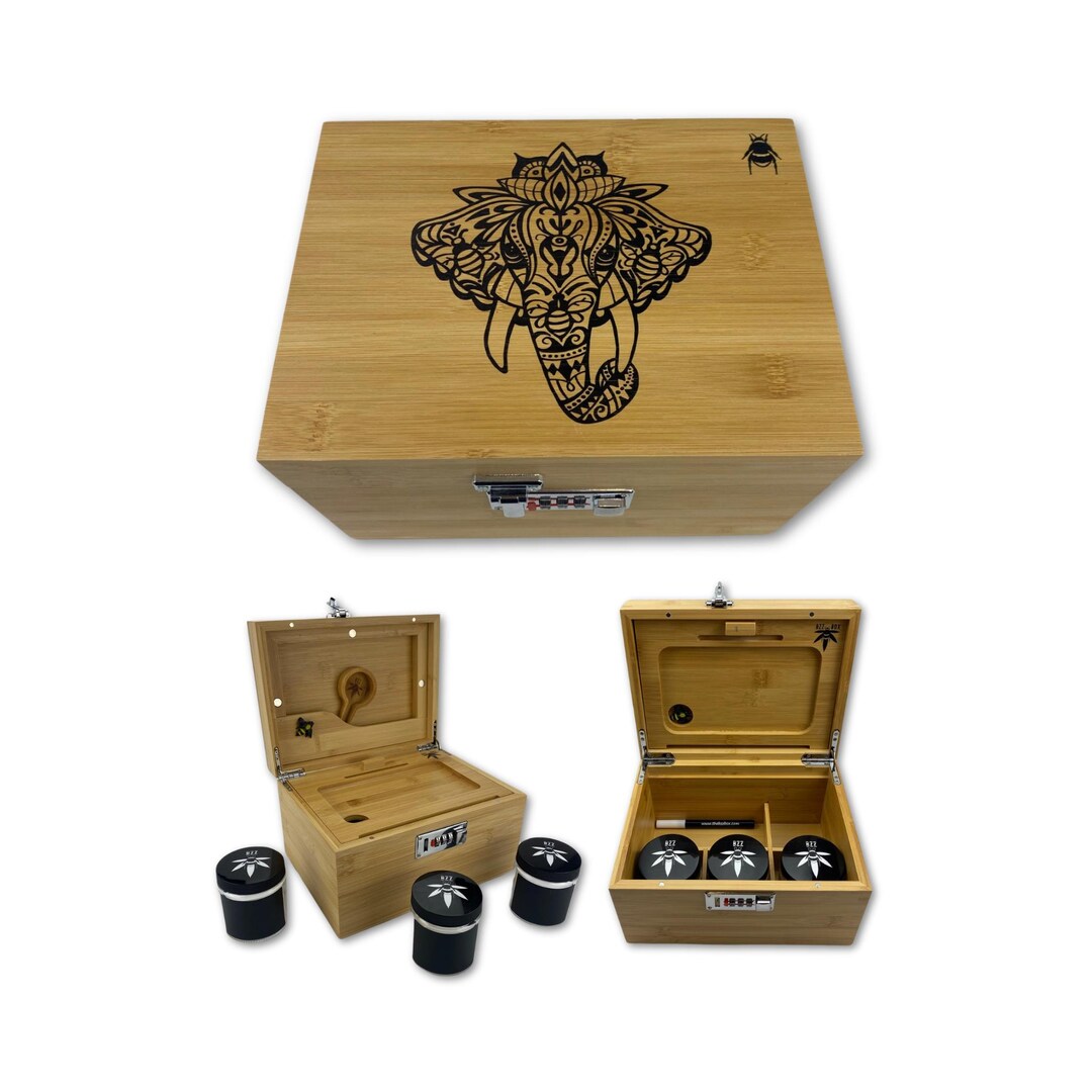 OG Bzz Box (stash Box) With Elephant Design, Rolling Tray, 3 Stash Jars ...
