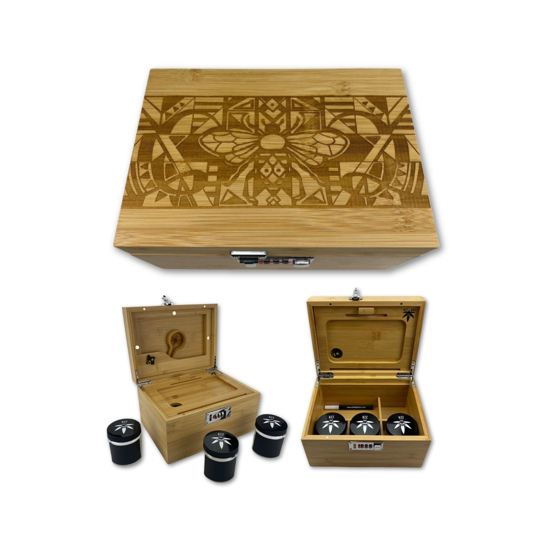 Large Bzz Box stash Box, Bamboo With Bzz Band Design, Rolling Tray, 3 ...