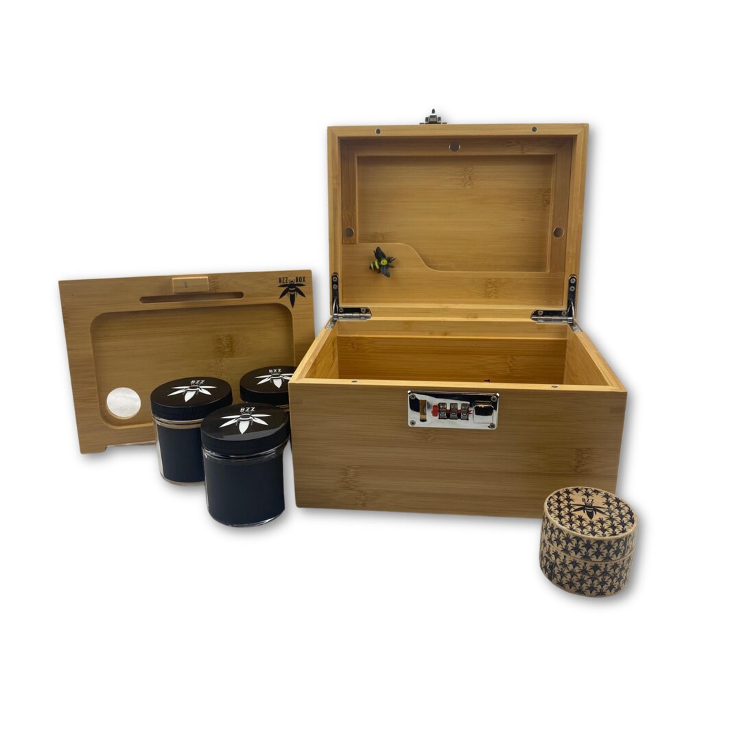 Large Bzz Box stash Box and Grinder Wooden Grinder, Rolling Tray, 3 ...