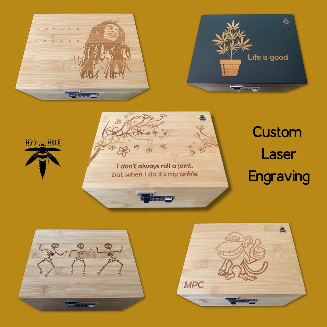 Large Bzz Box stash Box With CUSTOM LASER ENGRAVING, Rolling Tray, 3 ...
