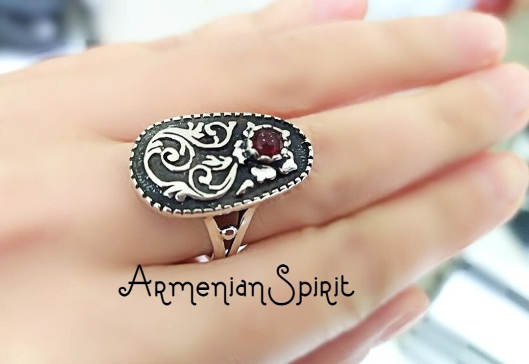 Armenian Jewelry Taraz Ring SILVER 925 Lab Garnet Bohemian Women Ethnic ...