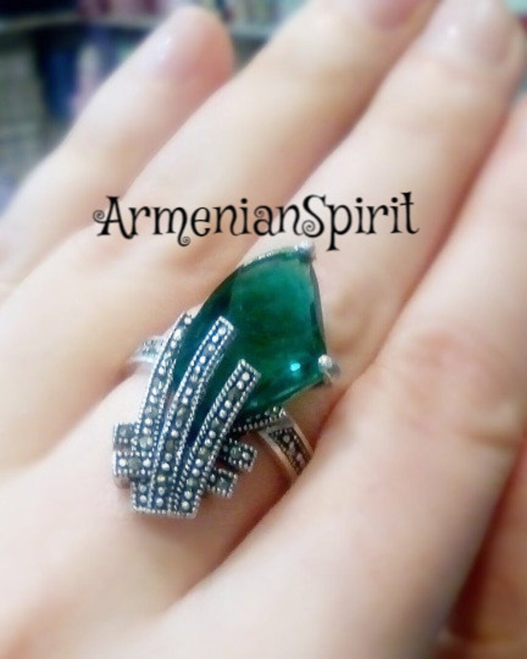 Emerald Green Stone Ring Marcasite Jewelry Armenian Jewelry STERLING ...