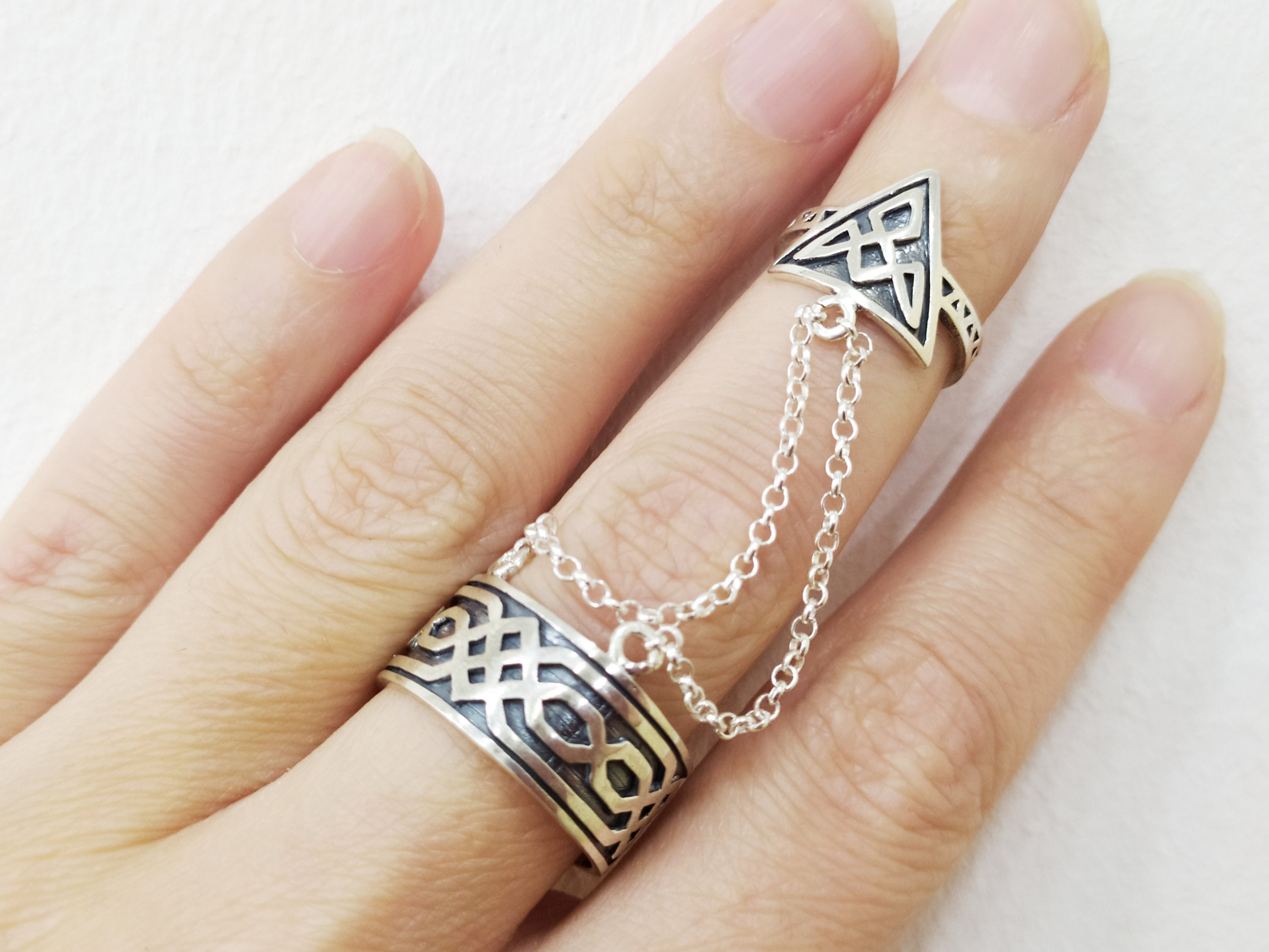 Double Ring Silver 925 Full Finger Jewellery With Two Chains - Etsy