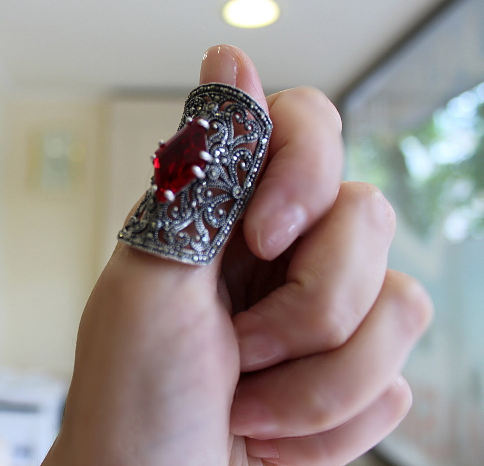 Red Stone Ring Very Large SILVER 925 Handmade Marcasite Extra | Etsy