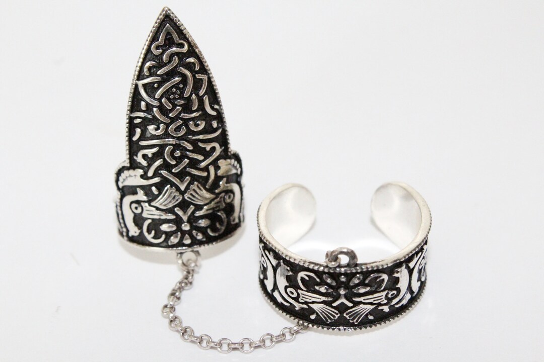 Armenian Double Ring With Chain Full Finger Traditional Taraz SILVER ...