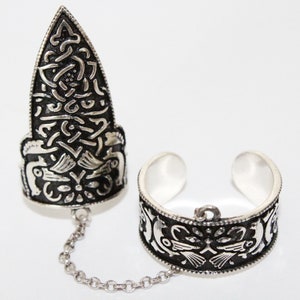 Armenian Double Ring With Chain Full Finger Traditional Taraz SILVER ...