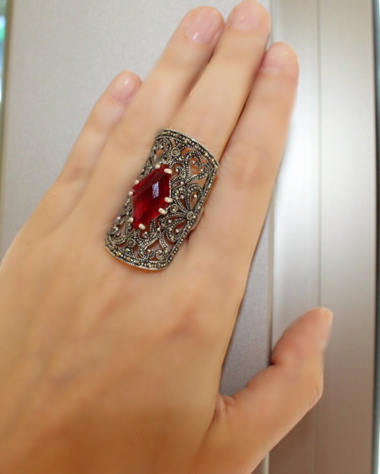 Red Stone Ring Very Large SILVER 925 Handmade Marcasite Extra | Etsy