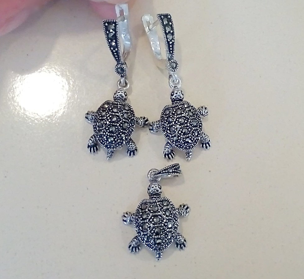 Tortoise PENDANT Silver 925 charm Turtle jewelry marcasite | Etsy