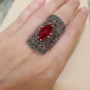 Red Stone Ring Very Large SILVER 925 Handmade Marcasite Extra Large ...