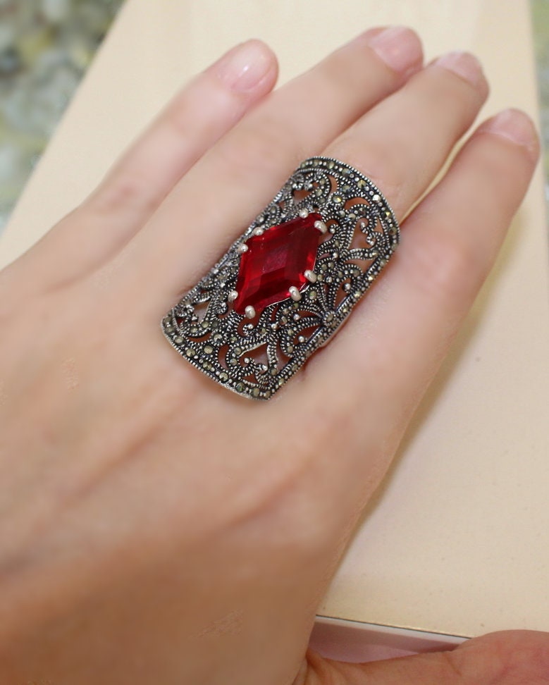 Red Stone Ring Very Large SILVER 925 Handmade Marcasite Extra | Etsy