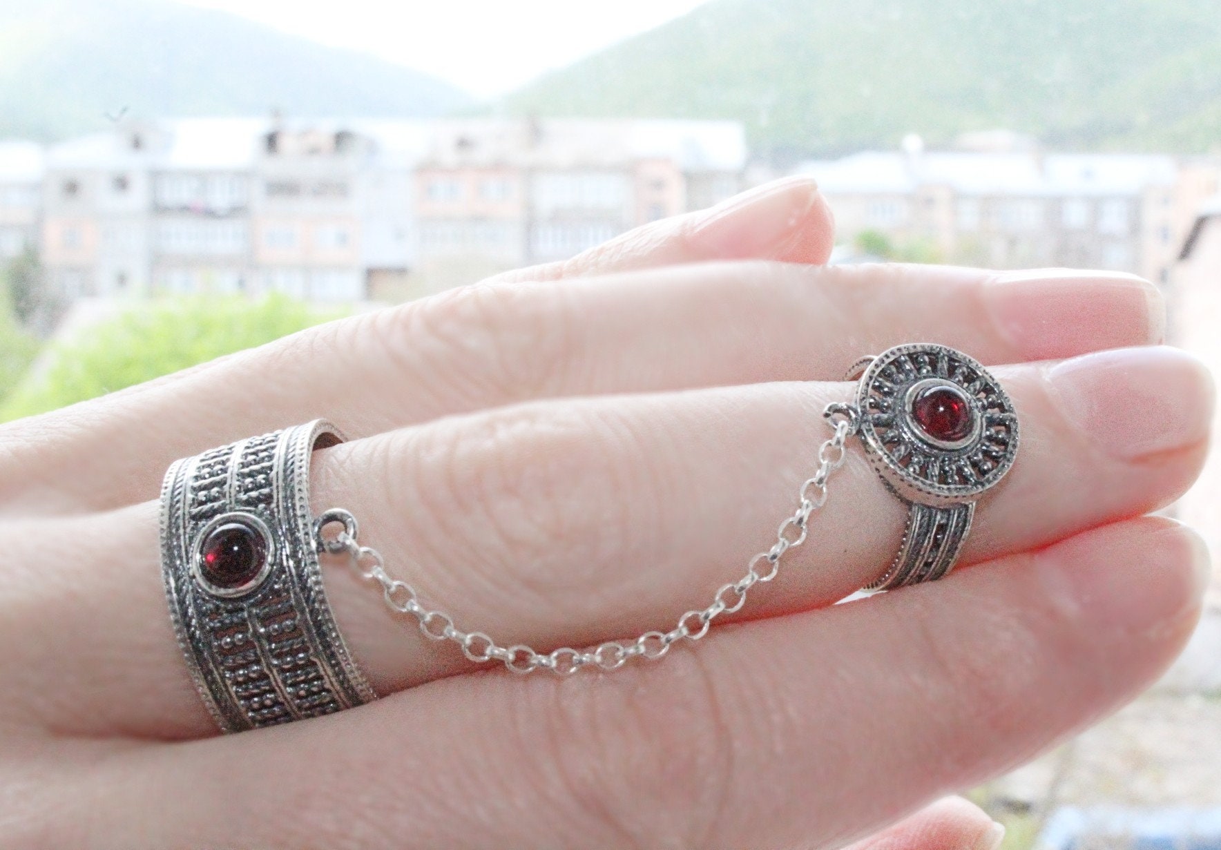Armenian jewelry Double ring with chain Silver 925 full finger | Etsy