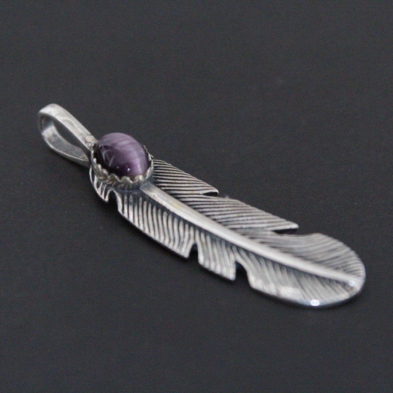 Pendant Feather With Purple Tiger Eye Gemstone Sterling Silver | Etsy