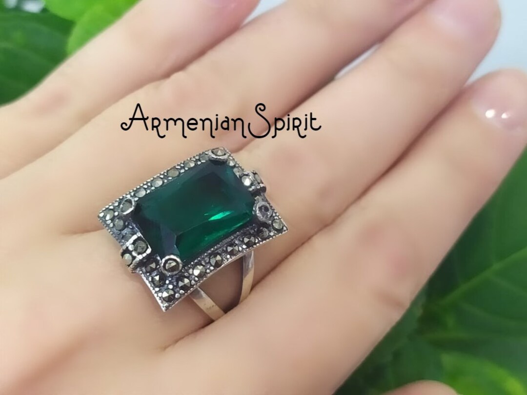 Marcasite Ring Emerald Green Topaz SILVER 925 Marcazyte Armenian ...