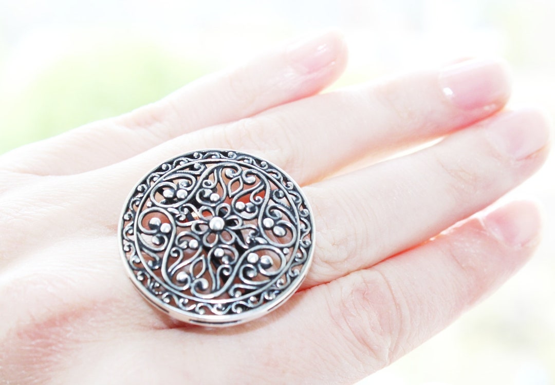 Extra Big Ring Round Floral SILVER 925 Bohemian Rings Women Autumn ...