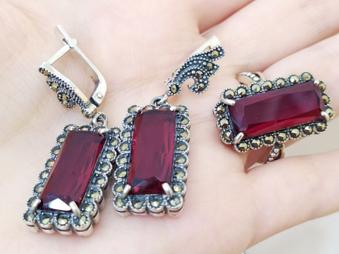 Vintage Style Red Ring and Earrings SET Marcasite Jewelry SILVER ...