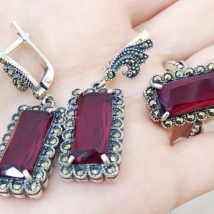 Vintage Style Red Ring and Earrings SET Marcasite Jewelry SILVER ...