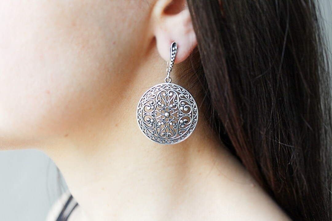 Extra Big Earrings Round Floral SILVER 925 Bohemian Earring Women ...