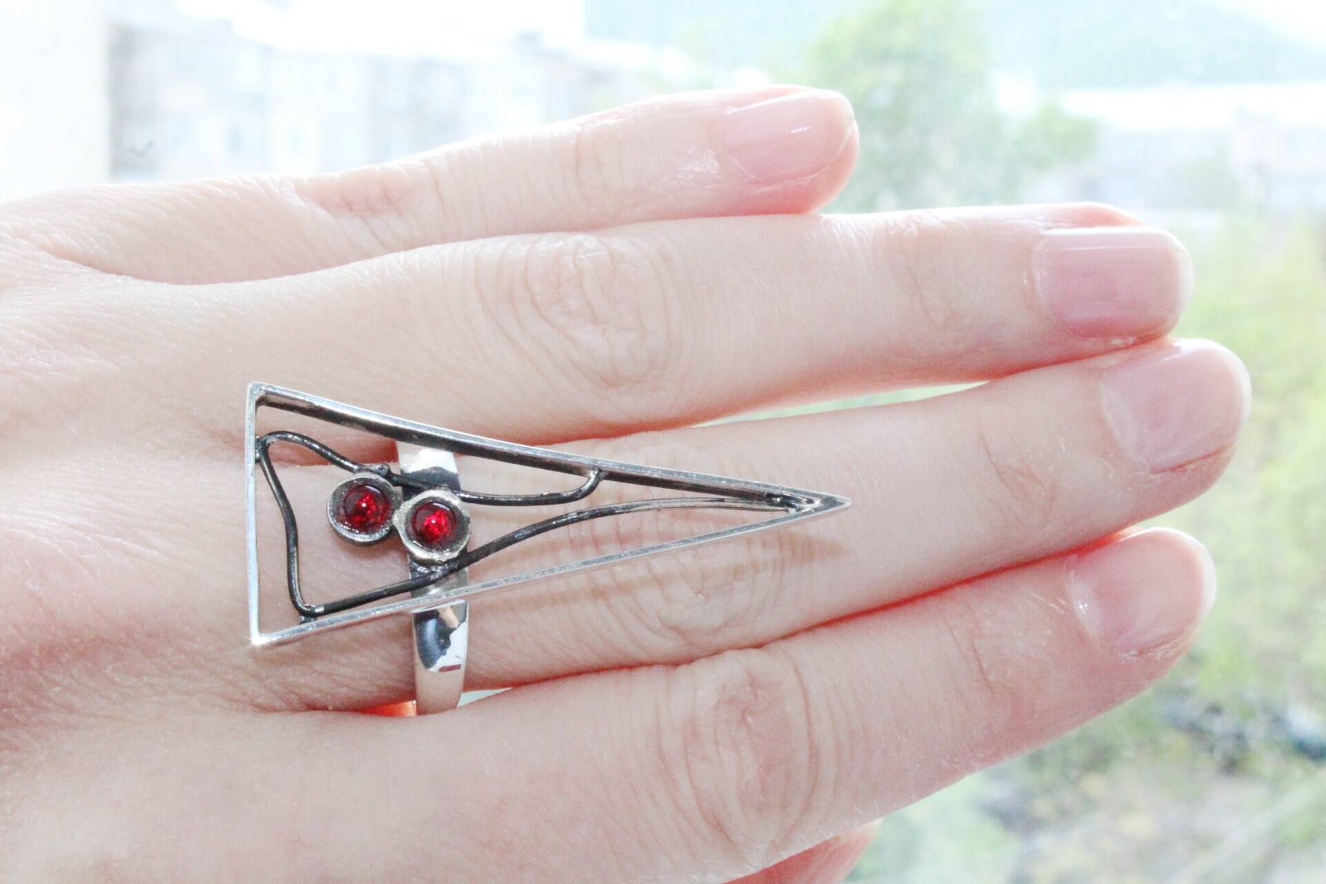 Silver Ring With Red Stones Modern Jewelry Avant Garde - Etsy