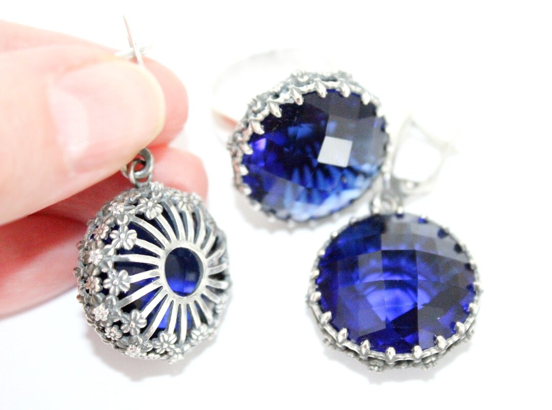 Royal Blue Jewelry Set Silver 925 Ring and Earrings Navy Blue Zircon ...