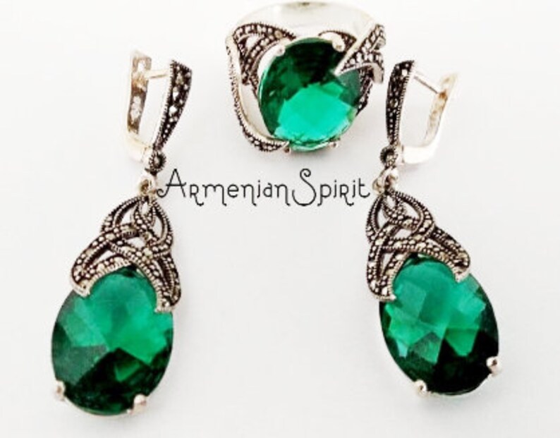 Emerald Green Jewelry SET SILVER 925 Earrings and Ring - Etsy