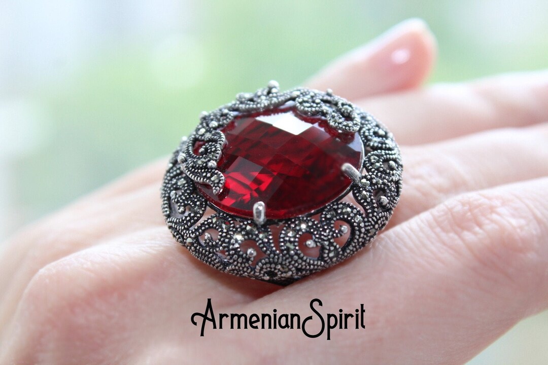 Very Large Ring Dome Women Red Stone Marcasite Rings SILVER 925 Huge ...