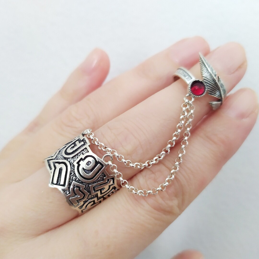 Armenian Alphabet Double Ring With Chains Feather Red Stone Adjustable ...