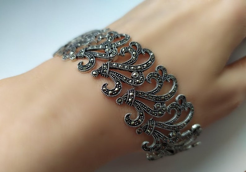 Marcasite Bracelet 8 Inch SILVER Jewelry Wide Bracelets Women - Etsy