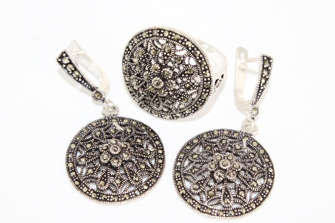 Armenian Jewelry Set Silver Marcasite Earrings Round and Ring Sterling ...