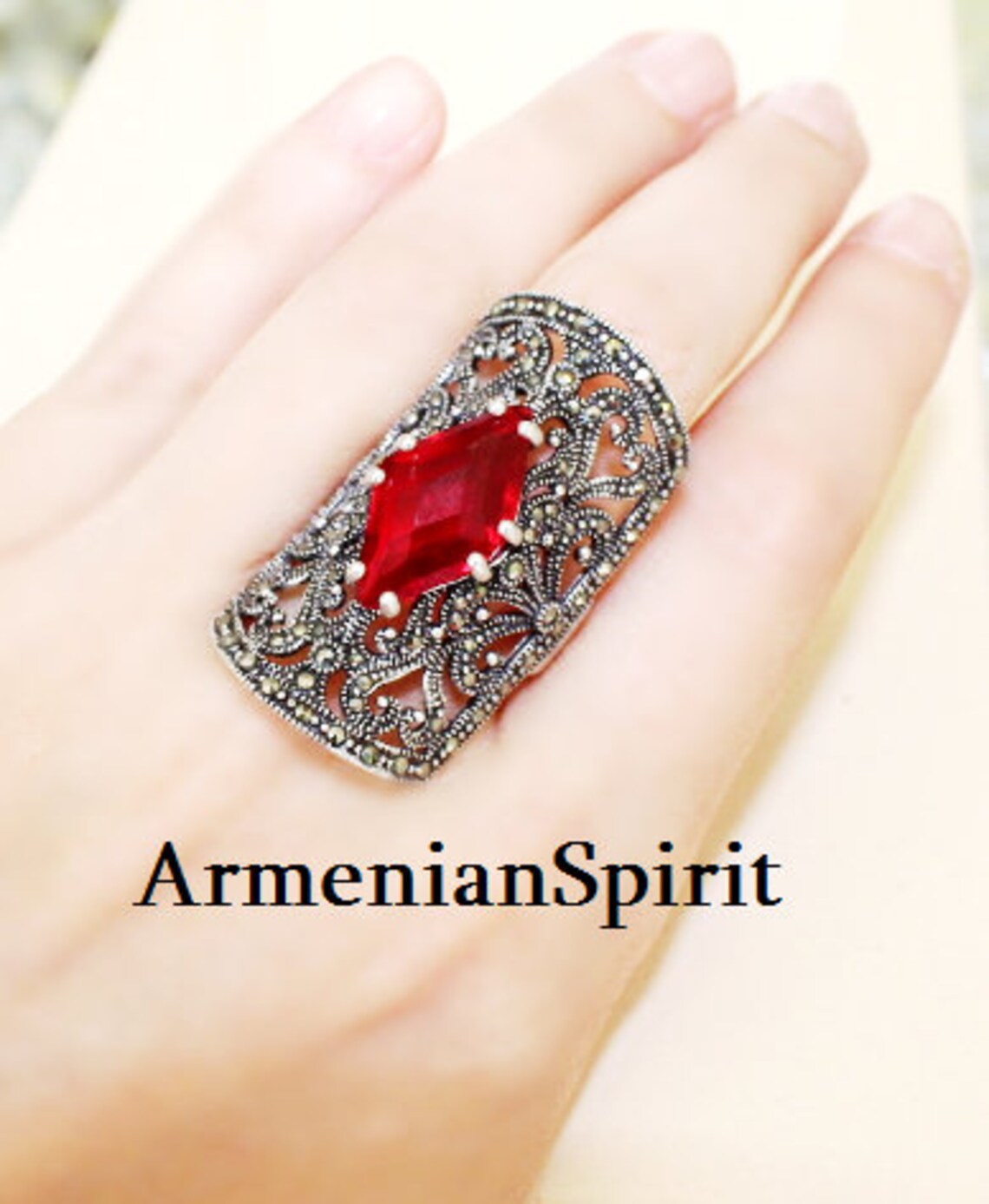 Red Stone Ring Very Large SILVER 925 Handmade Marcasite Extra | Etsy