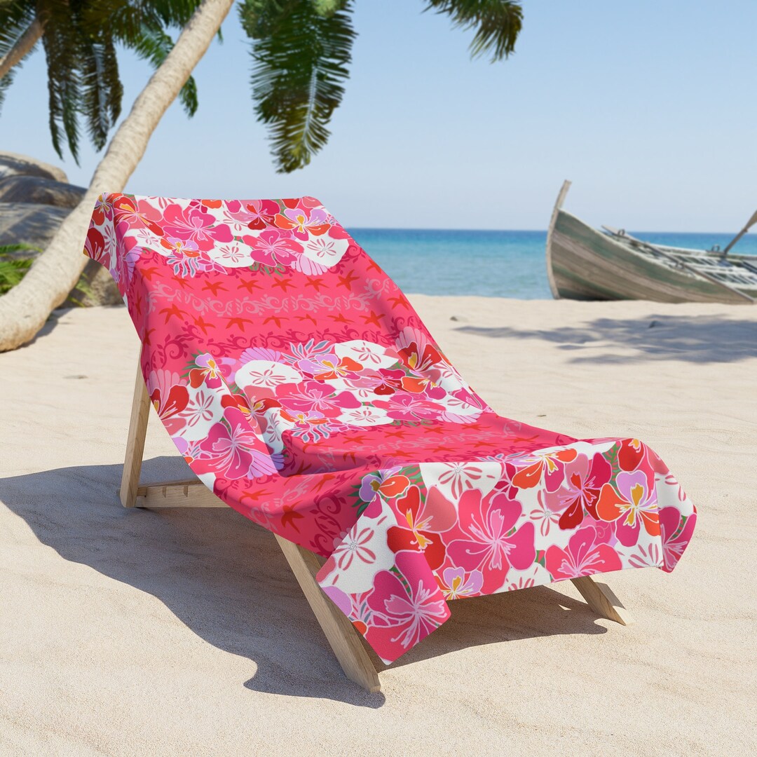 Flamingo Pink Floral Beach Towel - Hawaiian Blooms, Sand Dollars and ...