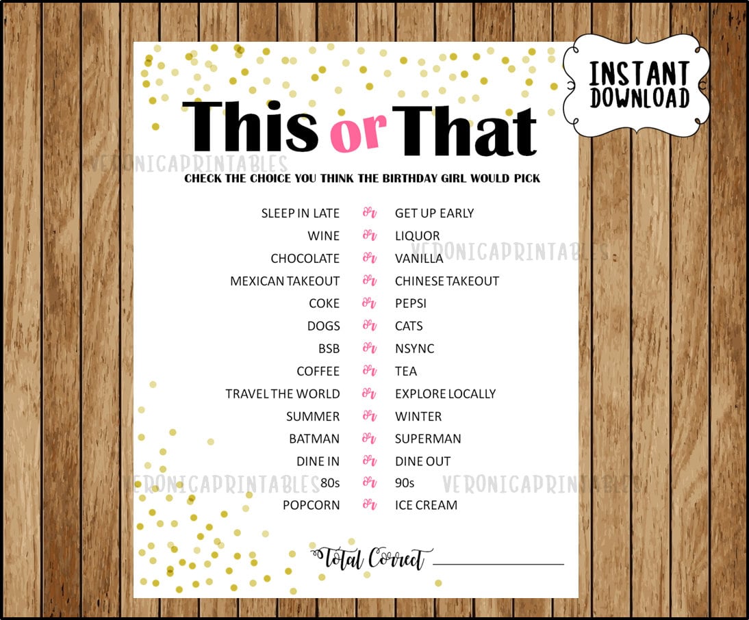 Fun Adult Birthday Game, This or That, Would You Rather Birthday ...