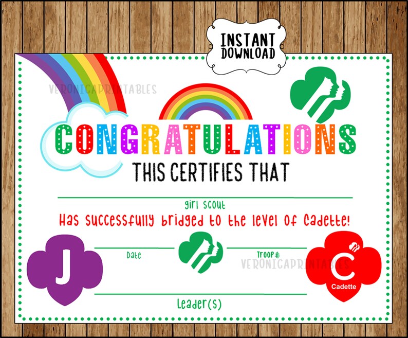 Junior to Cadette Girl Scout Bridging Certificate Junior | Etsy