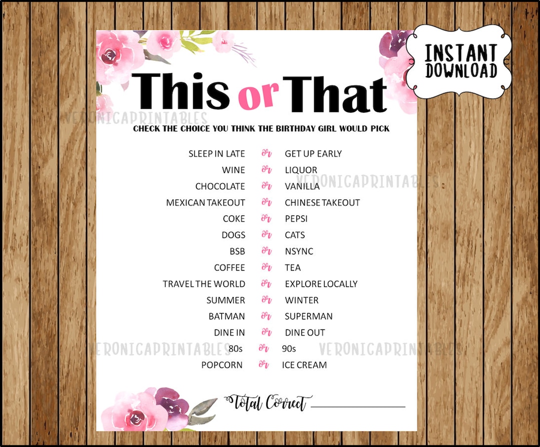 Fun Adult Birthday Game, This or That, Would You Rather Birthday ...
