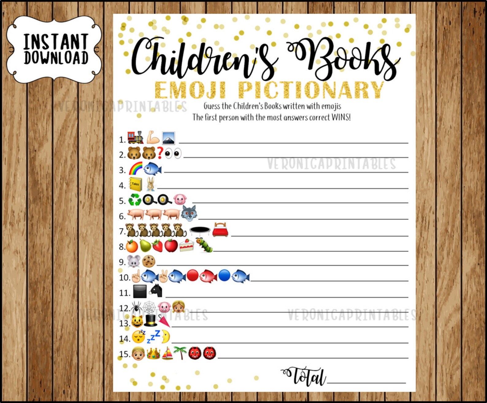 Children's Book Emoji Pictionary Printable, Gold Baby Shower Game, Gold ...
