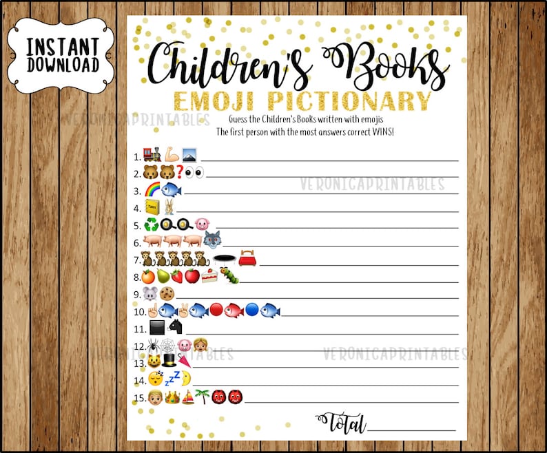 Children's Book Emoji Pictionary Printable, Gold Baby Shower Game, Gold ...