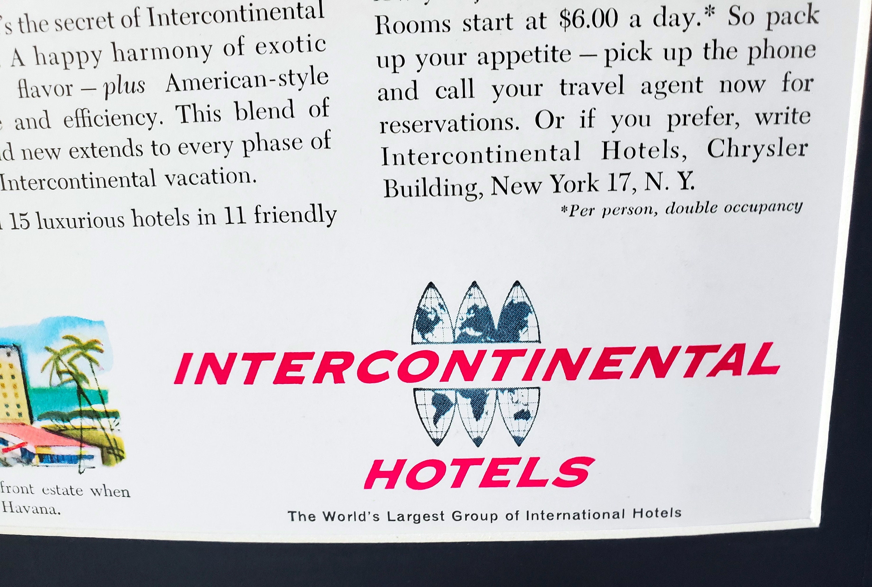 Vintage Intercontinental Hotel Magazine Advertisement Featuring the ...