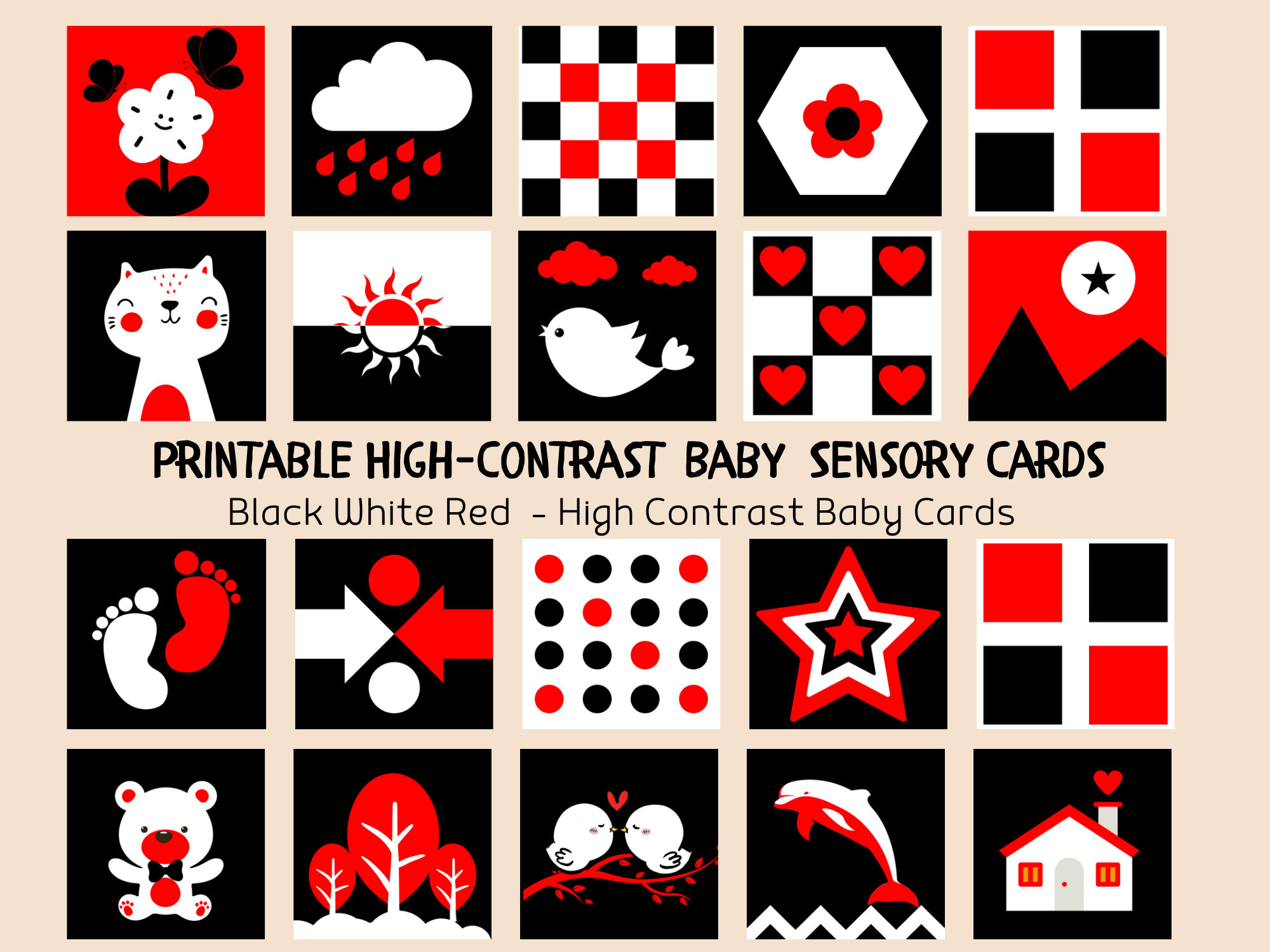 High Contrast Sensory Flashcards, Black White and Red Flashcards ...