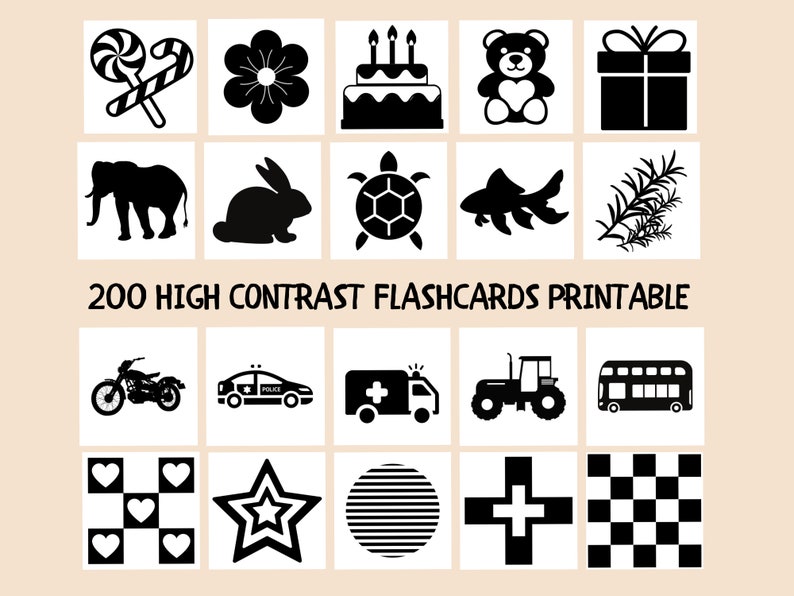 200 High Contrast Baby Black and White Flashcards Printable, Cards for ...