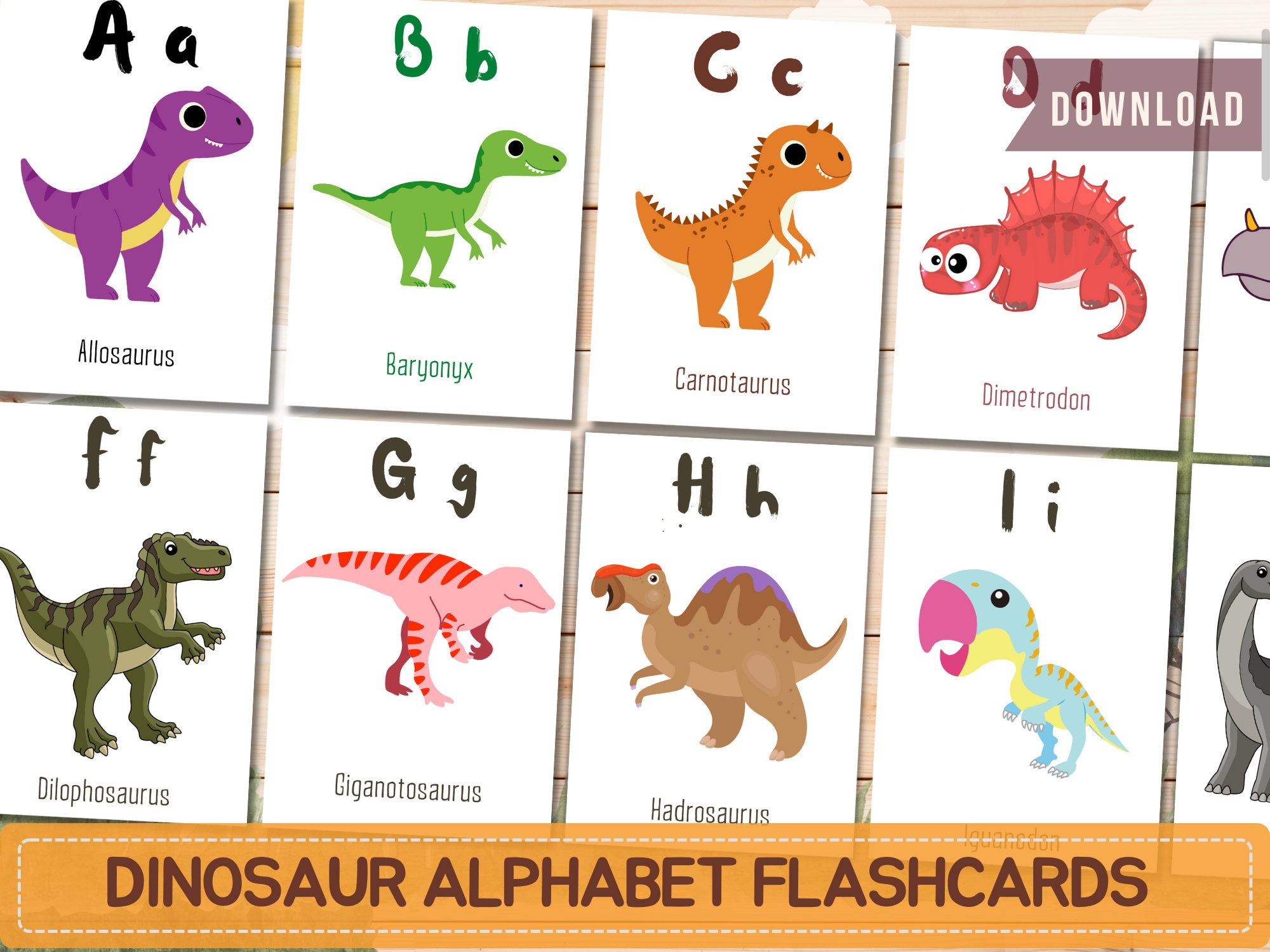 Dinosaur Alphabet Flashcards, Nomenclature Flashcards, Toddler Alphabet ...