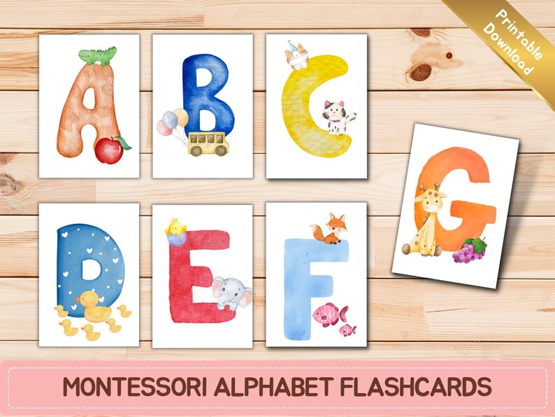 Montessori Alphabet Flashcards Printable Watercolor ABC - Etsy