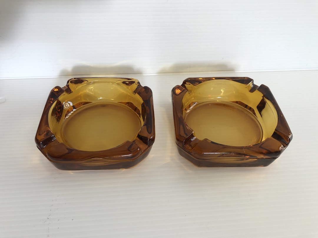 Vintage Pair Amber Glass Ashtrays, Small MCM Art Deco 4 Rests Stackable ...