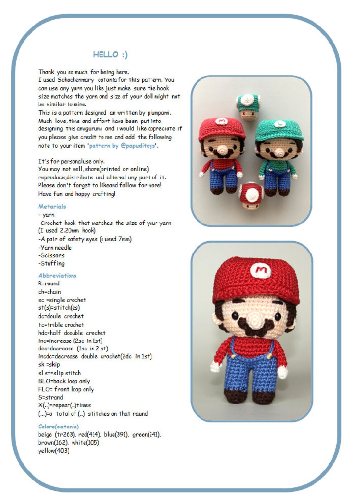 Pdf Pattern Mario Bros/mario and Luigi Characters Crochet Pdf Pattern ...