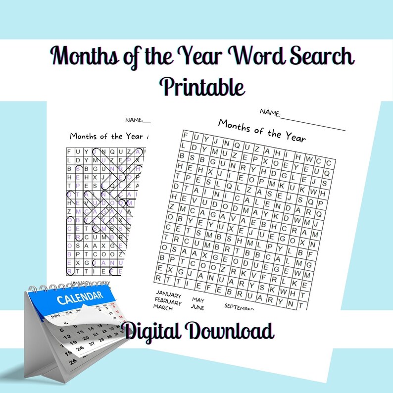 Month of the Year Word Search, Printable for Kids, Month Word Search ...
