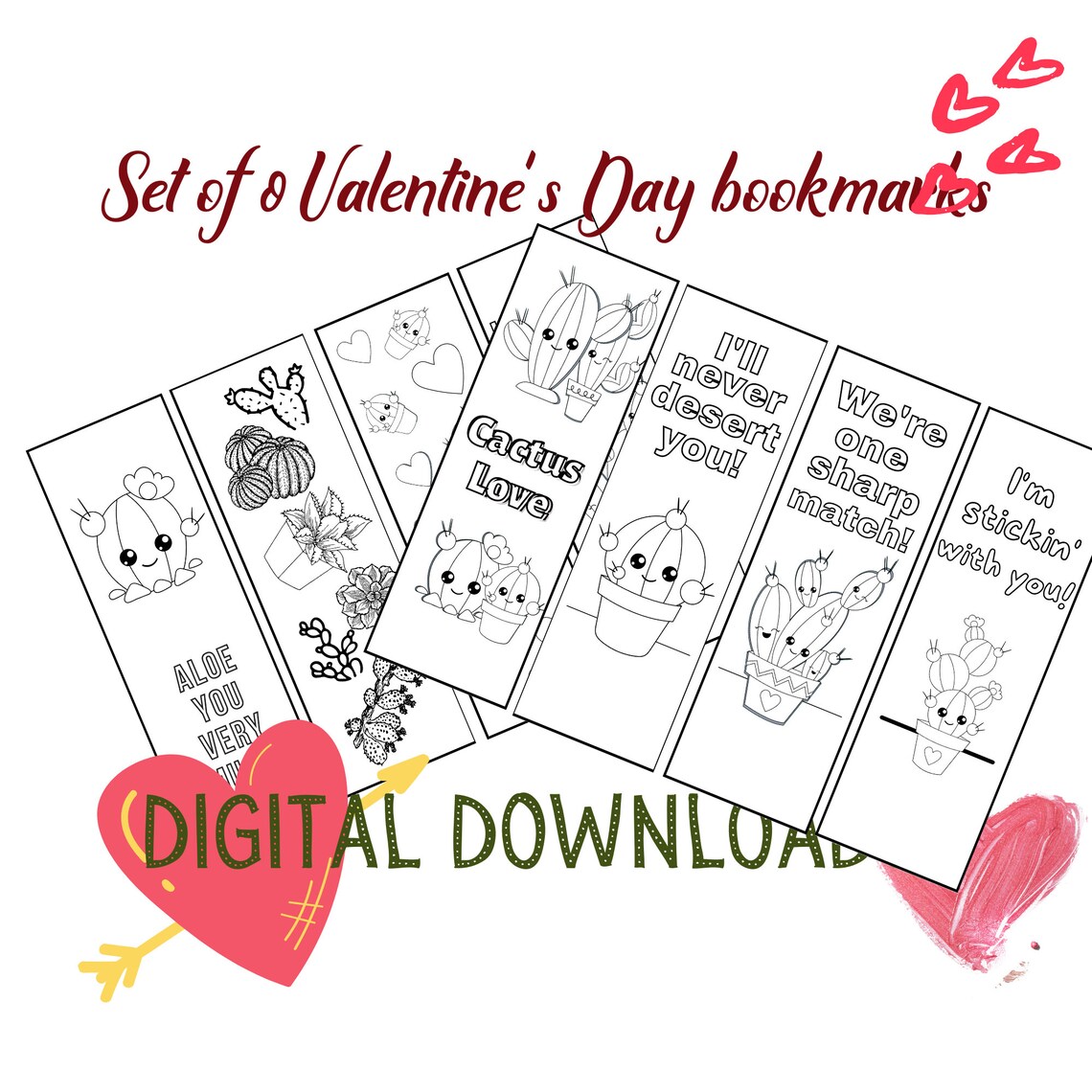 Valentine's Day Coloring Bookmarks, Coloring Bookmarks, Digital ...