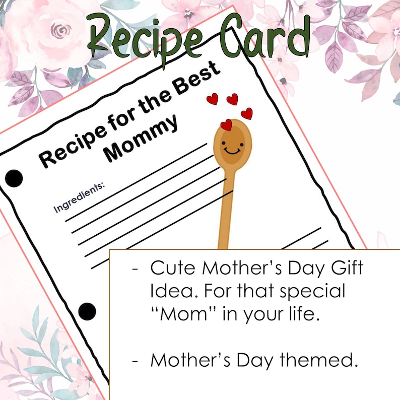 Mother's Day Recipe Card Craft Printable, Printable Recipe Card, Mother ...