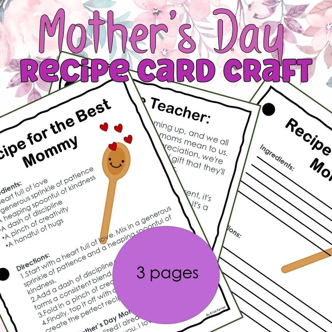 Mother's Day Recipe Card Craft Printable, Printable Recipe Card, Mother ...