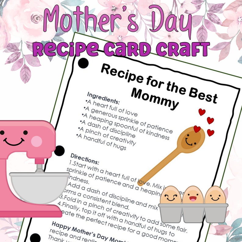 Mother's Day Recipe Card Craft Printable, Printable Recipe Card, Mother ...