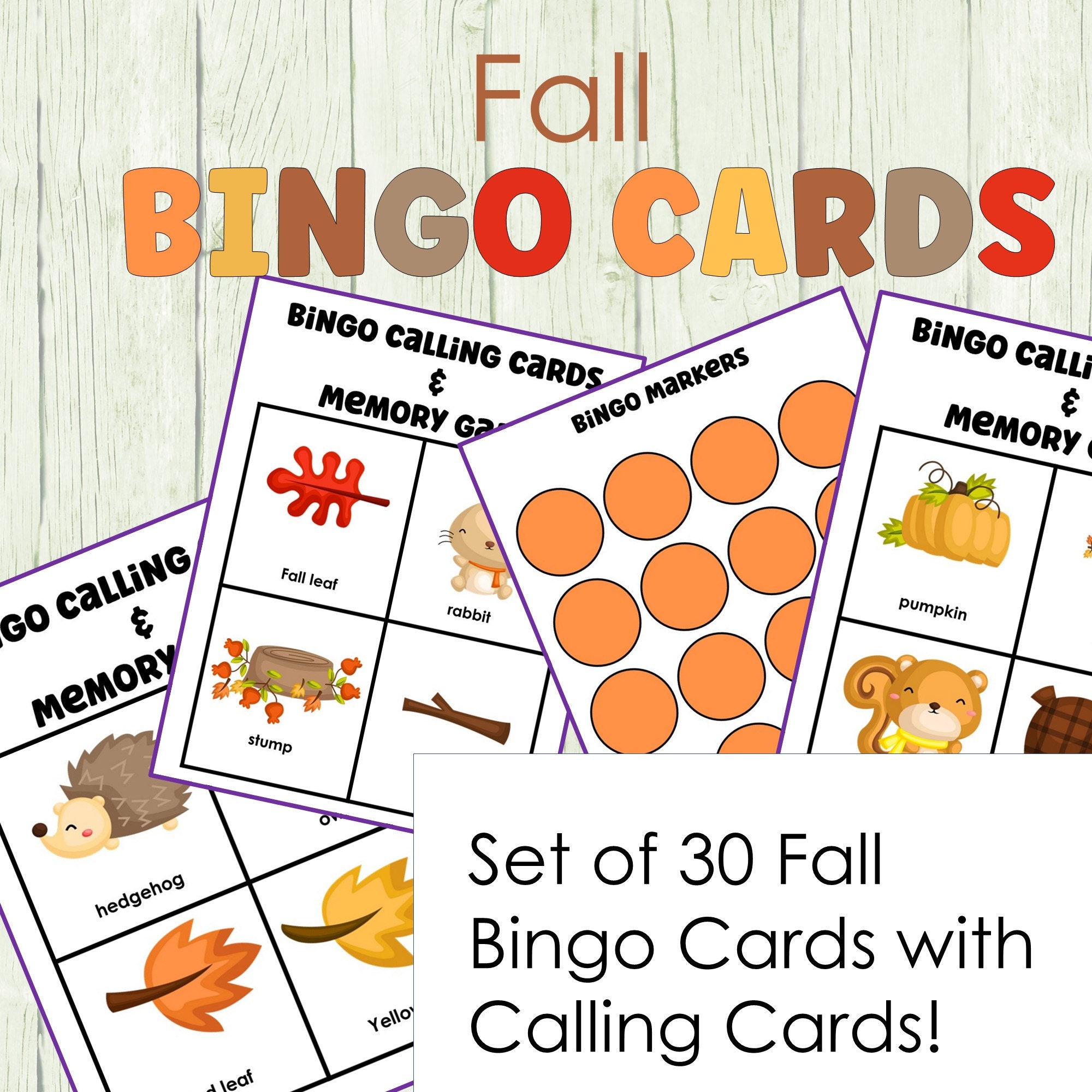 Fall Bingo Card Printable for Kids. Bingo Calling Cards, Bingo Markers ...